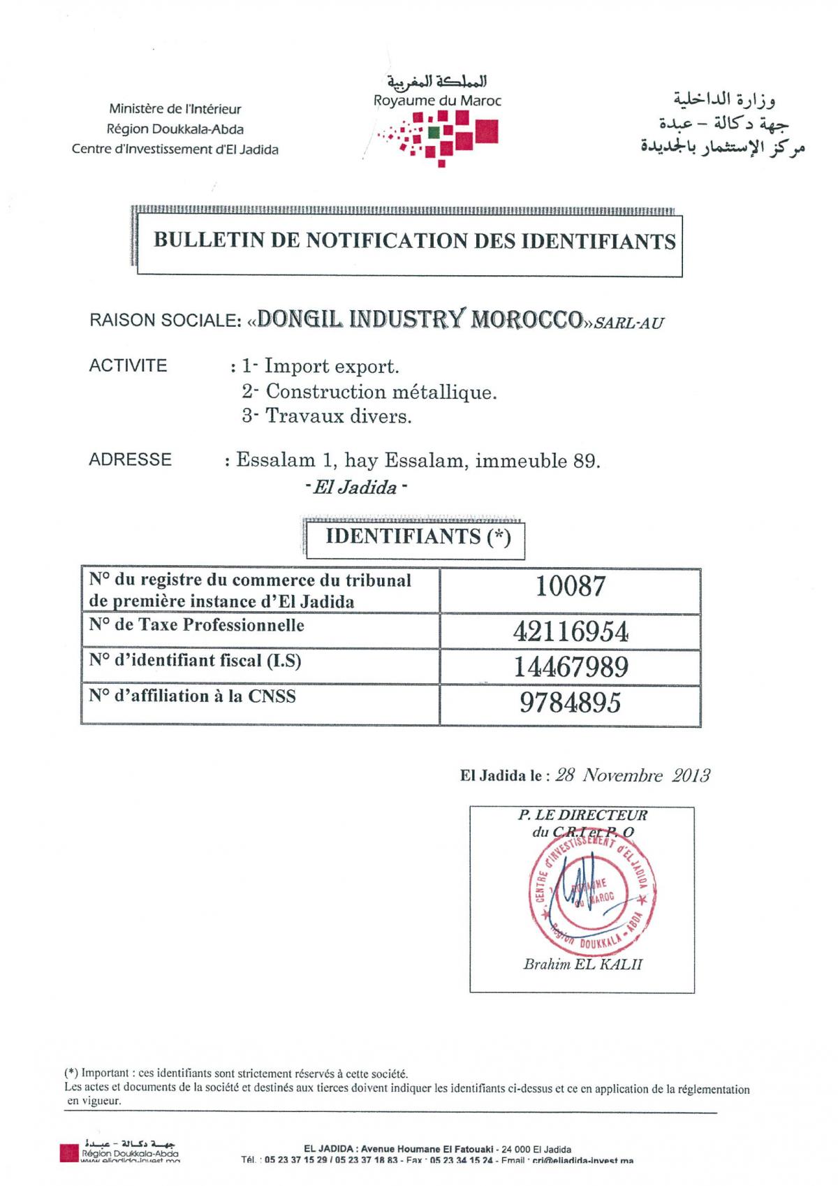 Morocco Branch Registration Certificate Permit Possession 